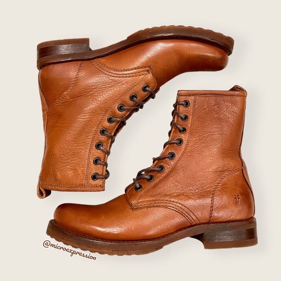 Frye | Shoes | 399 Frye Veronica Combat Cognac Leather Lace Up Moto ...